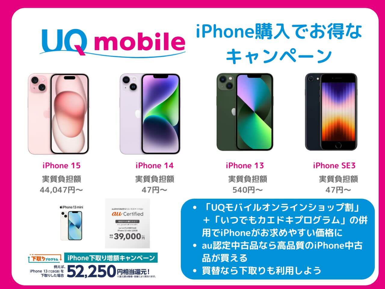 【2025年1月】UQモバイルのキャンペーン情報 |キャッシュバックは？ 乗り換え（MNP）・新規・機種変更・iPhone購入特典